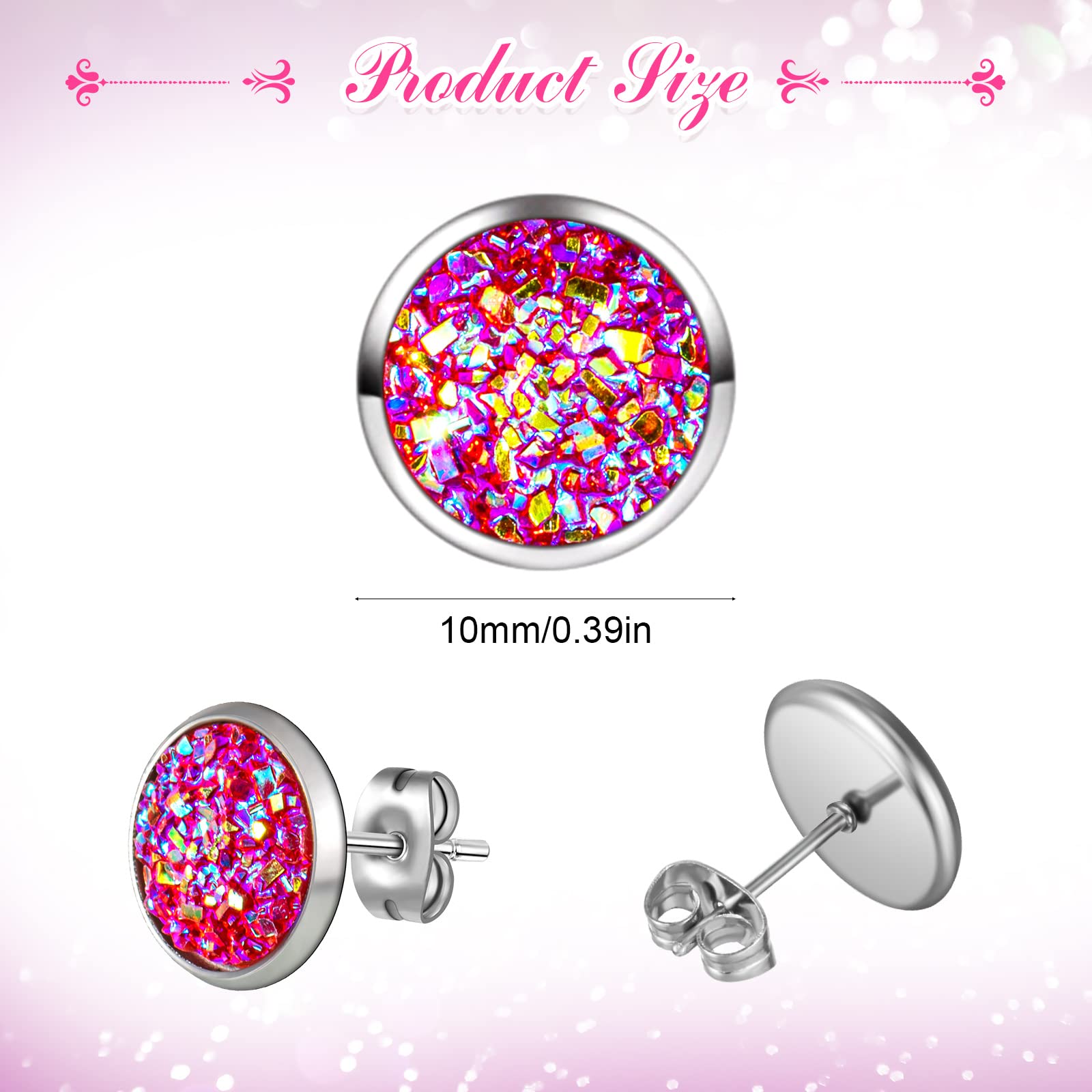 Epakh 64 Pairs Faux Druzy Stud Earrings Set Stainless Steel Round Earrings Round Bling Earrings Glitter Bohemian Pierced Earrings for Women, 32 Colors