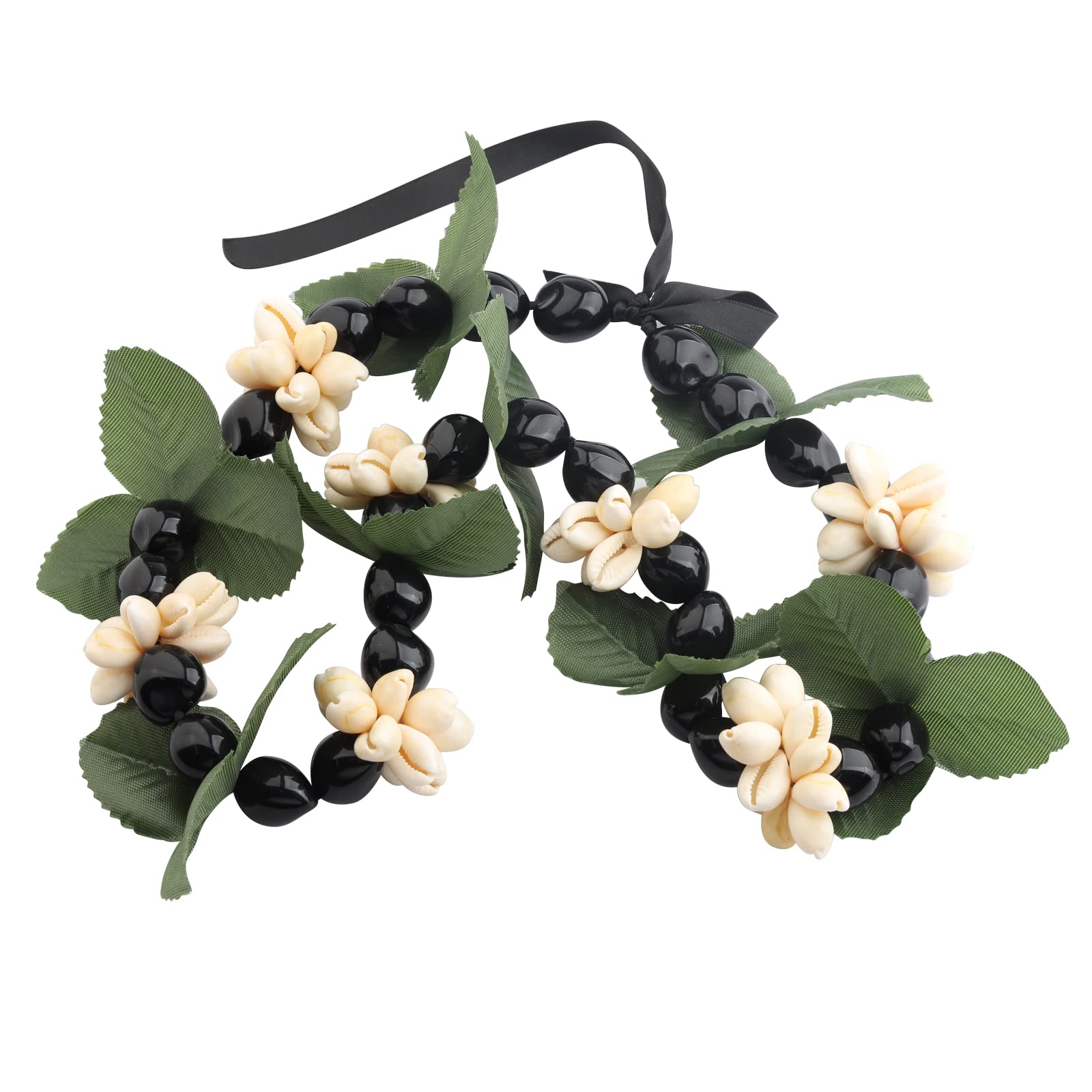 KUIYAI Hawaiian Kukui Nut Necklace with Chunky Heart-Shaped Beads Ribbon Tie Closure (30ShellBeads-Blk)