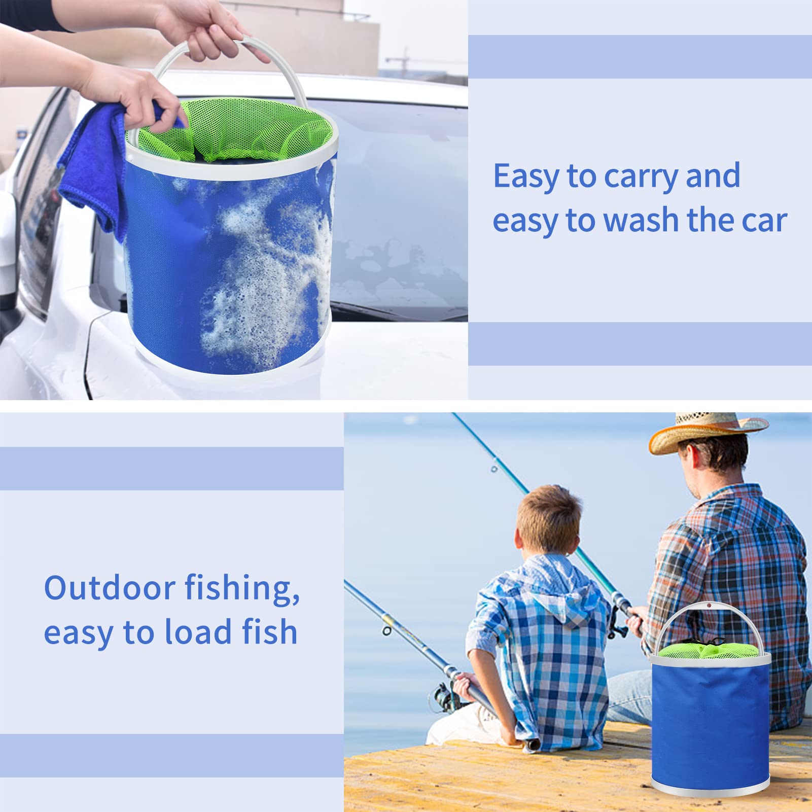 Homelove Collapsible Camping Fishing Bucket,11L (2.9 Gallons) Durable Pop Up Water Bucket with Net and Rope for Car Washing, Fishing,Boating or Other Outdoor Activities, Foldable Bucket,Blue