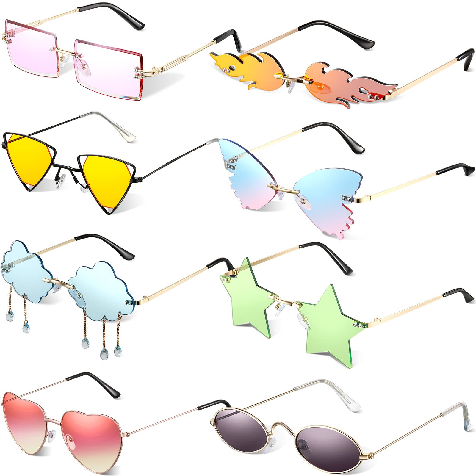 Juinte 8Pcs Irregular Sunglasses Set Heart Sunglasses Flame Cloud Butterfly Star Rimless Sunglasses Party Favors (Vibrant Style)