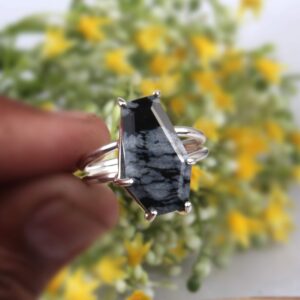 PANOPLY Natural Snowflake Obsidian Gemstone Ring, Coffin Ring, Sterling Silver Ring, Prong Set Ring, Handmade Ring, Boho Ring, Gift For Mom (7.5)