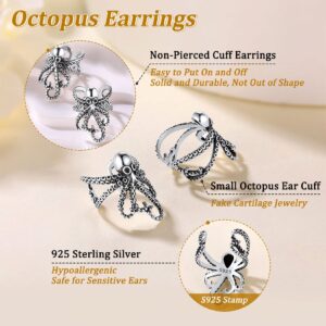 Suplight 925 Sterling Silver Octopus Ear Cuff Small Cartilage Cuff Earring Non Pierced Fake Earrings for Women Men