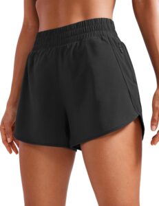 crz yoga women's high waisted running shorts mesh liner - 3'' dolphin quick dry athletic gym track workout shorts zip pocket black medium