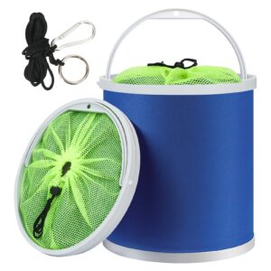 homelove collapsible camping fishing bucket,11l (2.9 gallons) durable pop up water bucket with net and rope for car washing, fishing,boating or other outdoor activities, foldable bucket,blue