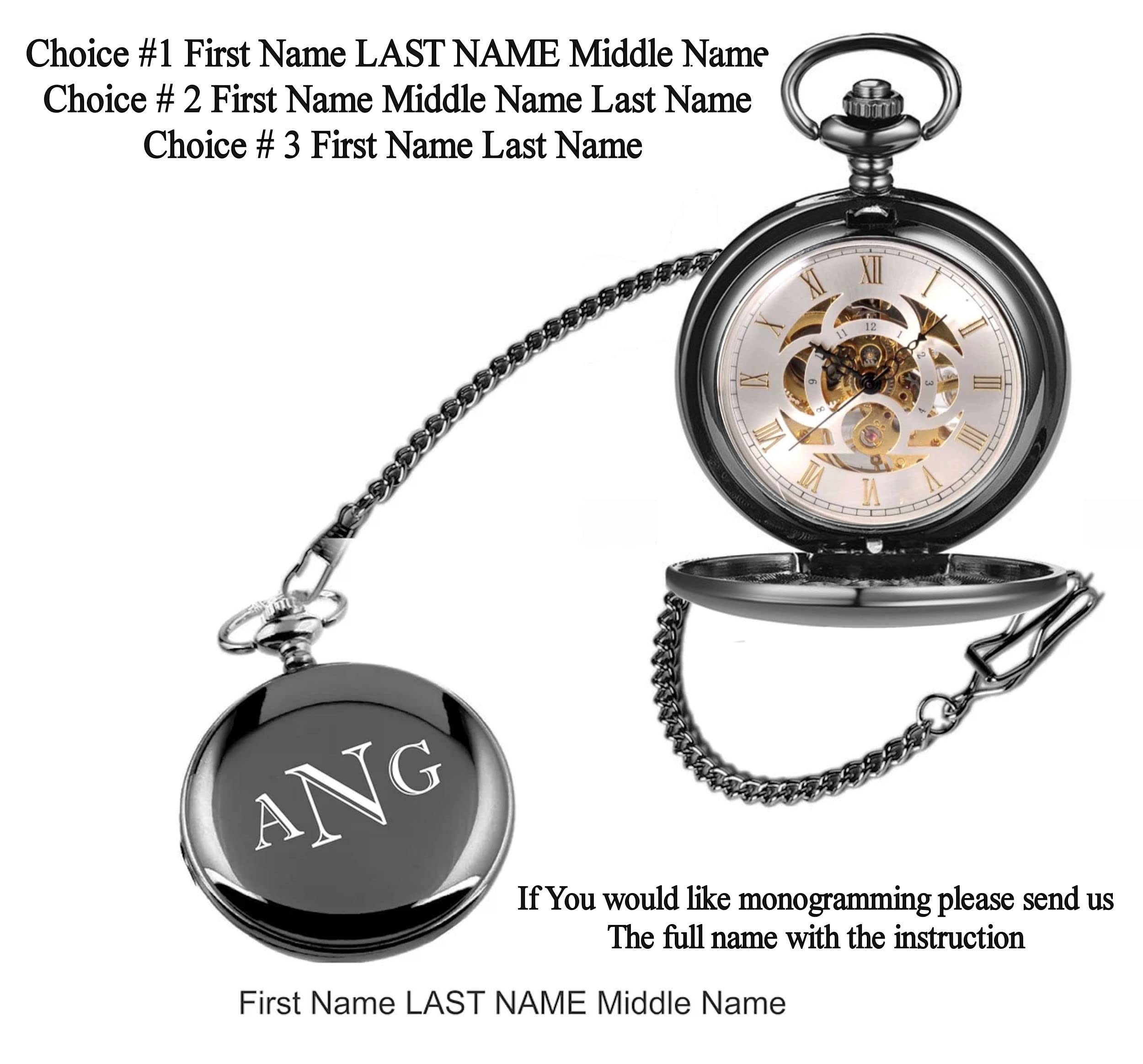 Personalized Antique Mechanical Movement Gunmetal Pocket Watch Custom Engraved Free with Gift Box - Ships from USA, PW51