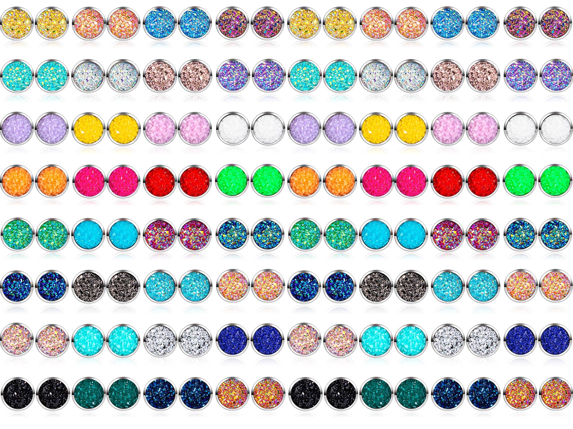 Epakh 64 Pairs Faux Druzy Stud Earrings Set Stainless Steel Round Earrings Round Bling Earrings Glitter Bohemian Pierced Earrings for Women, 32 Colors