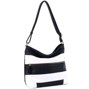 Adjustable Strap Soft Vegan Leather Front Pocket Large Hobo Handbag Crossbody Purse (Stripe - Black/White)