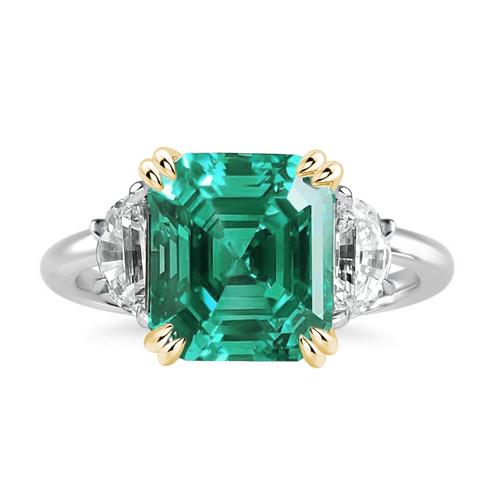 Effinny 4.5ct Women's Two-Tone Emerald Engagement Ring,Asscher Cut Green Paraiba Tourmaline Three Stone Promise Ring in 925 Sterling Silver(Size:8)