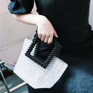 Abvokury YUSHINY Women Macaron Colored Acrylic Beaded Tote Handmade Bags for Wedding Evening Party (White&Black)