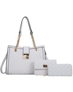 fashion handbags for women leather satchel purses set quilted tote shoulder bag for work/gift (8691-white)