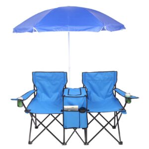 outvita folding double chair w/umbrella beverage holder carrying bag cooler fold up table, large bearing capacity for beach patio pool park outdoor blue