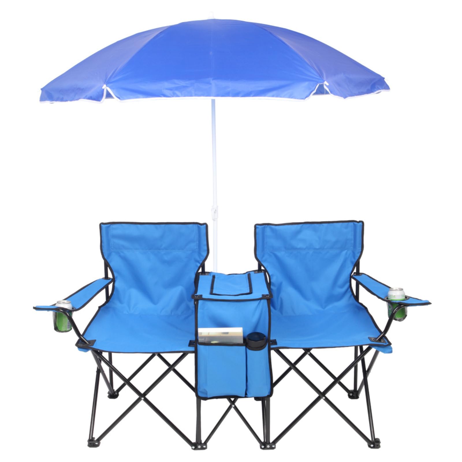 Outvita Folding Double Chair w/Umbrella Beverage Holder Carrying Bag Cooler Fold Up Table, Large Bearing Capacity for Beach Patio Pool Park Outdoor Blue