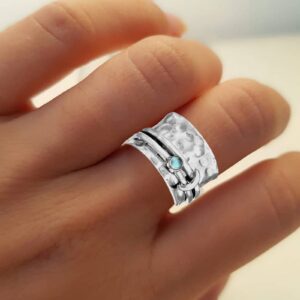 Rings for Women Vintage Zircon Moon Rotatable Band Rings Stainless Steel Finger Rings Statement Ring Stress Relieving Anti Anxiety Ring for Teen Girls Jewelry Birthday Gift, Silver