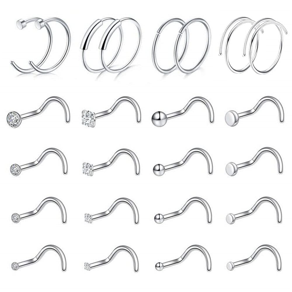 Piercingpops 24Pcs Surgical Stainless Steel Mixed Nose Stud Nose Ring Hoop Cartilage Earrings Nose Piercing Body Jewelry for Women Men Set (A:24PCS - Silver（Nose Screws Style）)