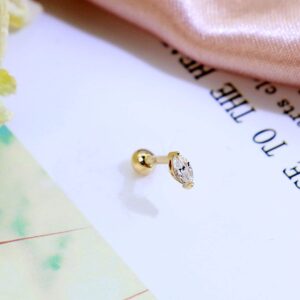 COCHARM 14K Solid Gold Cartilage Earring Stud 16g Oval CZ Leaf Helix Earring Stud 7mm 16 Gauge Cartilage Piercing Jewelry for Women