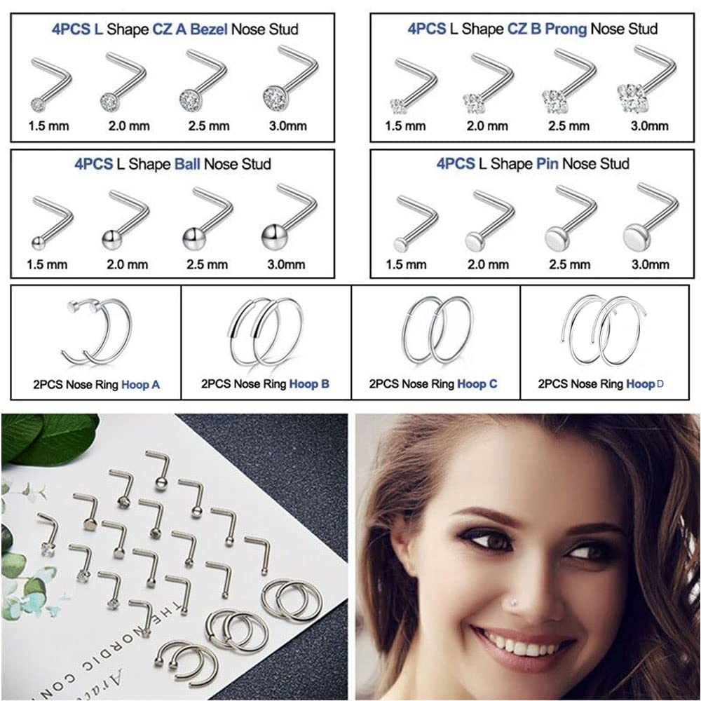 Piercingpops 24Pcs Surgical Stainless Steel Mixed Nose Stud Nose Ring Hoop Cartilage Earrings Nose Piercing Body Jewelry for Women Men Set (A:24PCS - Silver（Nose Screws Style）)