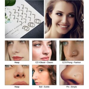 Piercingpops 24Pcs Surgical Stainless Steel Mixed Nose Stud Nose Ring Hoop Cartilage Earrings Nose Piercing Body Jewelry for Women Men Set (A:24PCS - Silver（Nose Screws Style）)