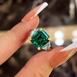 Effinny 4.5ct Women's Two-Tone Emerald Engagement Ring,Asscher Cut Green Paraiba Tourmaline Three Stone Promise Ring in 925 Sterling Silver(Size:8)