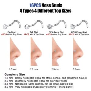 Piercingpops 24Pcs Surgical Stainless Steel Mixed Nose Stud Nose Ring Hoop Cartilage Earrings Nose Piercing Body Jewelry for Women Men Set (A:24PCS - Silver（Nose Screws Style）)