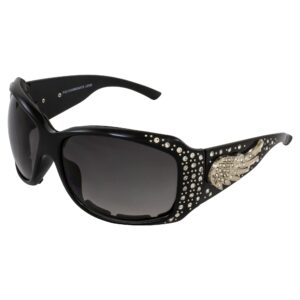 rodeo queen angel padded motorcycle bling sunglasses for women black frame w/bling rhinestones & smoke gradient lens