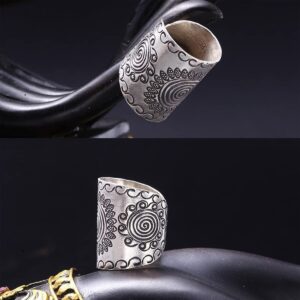 S925 Sterling Silver Retro Vintage Antique Boho Full Finger Wide Bands Ring for Women,Open Adjust Adjustable National Style Sun Flower Floral Pattern Engraved Thumb Index Finger Ring Boho Jewelry (Ring_A, Adjustable)