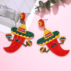 Cinco De Mayo Earrings for Women Colorful Beaded Fiesta Chill Dangle Earrings Statement Letter Drop Earrings Mexican Festival Jewelry Gifts (Chili)