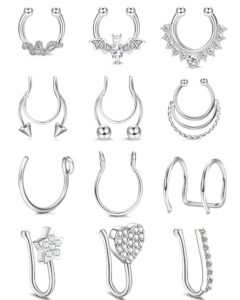 zzhdcc silver fake septum fake nose rings for women surgical steel nose cuffs for non pierced nose rings hoops fake lip rings non piercing septum rings clip on heart faux piercing jewelry