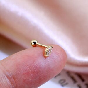 COCHARM 14K Solid Gold Cartilage Earring Stud 16g Oval CZ Leaf Helix Earring Stud 7mm 16 Gauge Cartilage Piercing Jewelry for Women