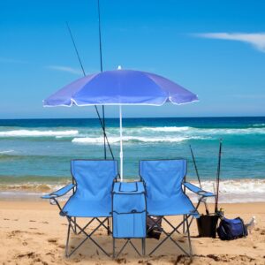 Outvita Folding Double Chair w/Umbrella Beverage Holder Carrying Bag Cooler Fold Up Table, Large Bearing Capacity for Beach Patio Pool Park Outdoor Blue