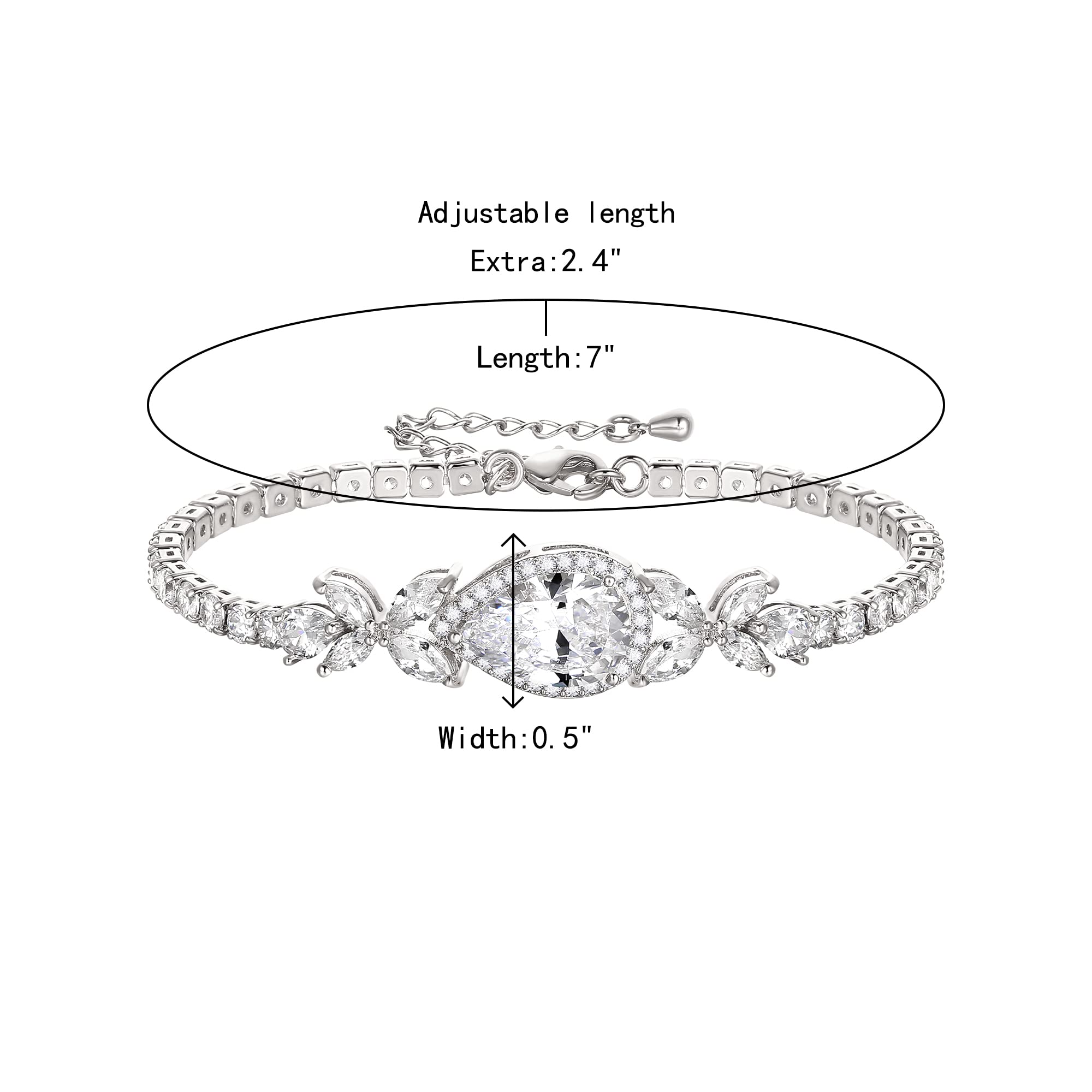 Crysdue Cubic Zirconia Teardrop Adjustable Link Bracelets for Wedding Bridal Jewelry, Women Crystal Tennis Bracelets for Brides Bridesmaid Silver