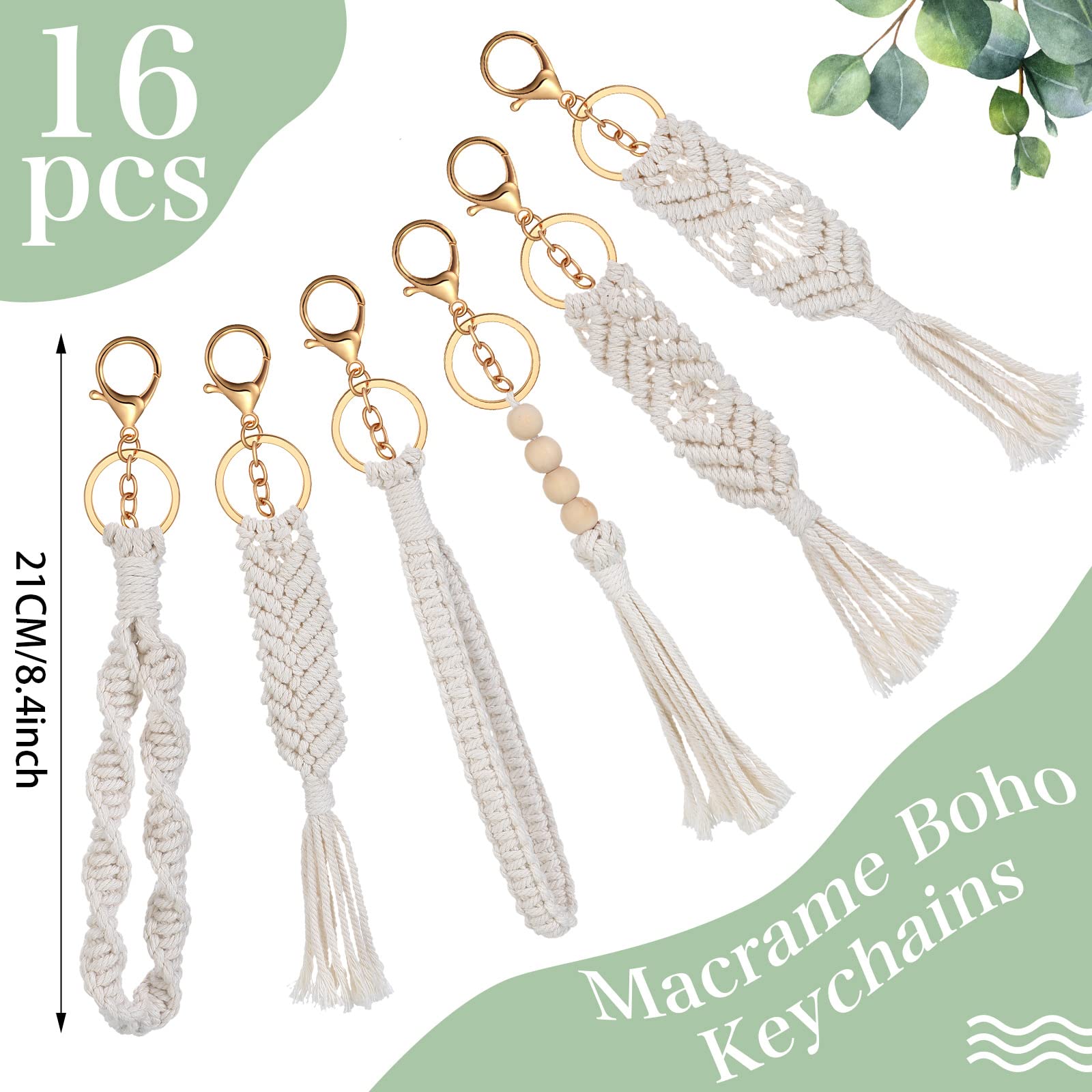 Junkin 16 Pack Mini Macrame Keychains Cute Boho Macrame Bag Charms Handcrafted Aesthetic Boho Car Accessories Boho Keychain for Women Tassel Keychain for Car