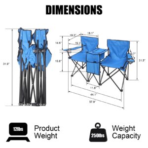 Outvita Folding Double Chair w/Umbrella Beverage Holder Carrying Bag Cooler Fold Up Table, Large Bearing Capacity for Beach Patio Pool Park Outdoor Blue