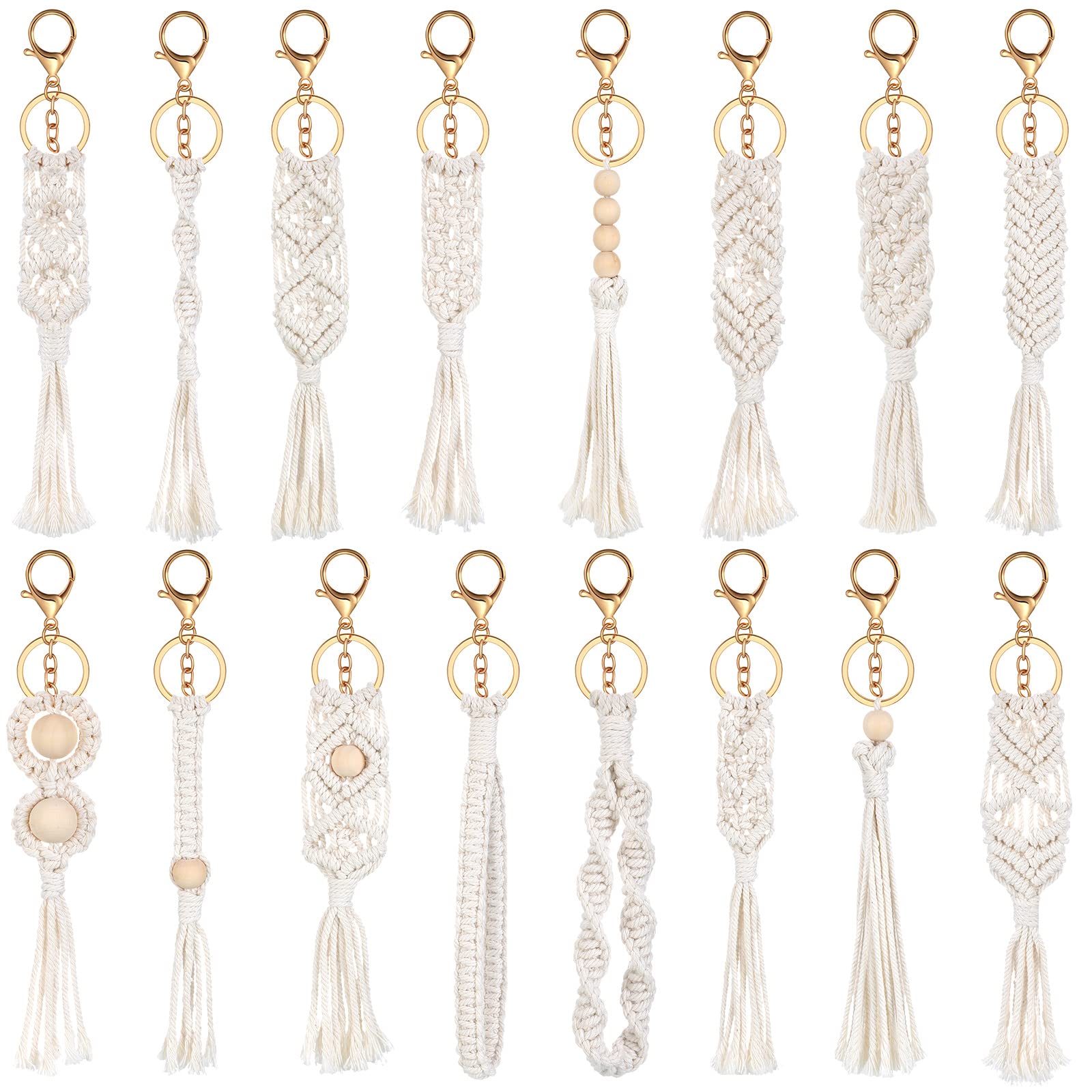 Junkin 16 Pack Mini Macrame Keychains Cute Boho Macrame Bag Charms Handcrafted Aesthetic Boho Car Accessories Boho Keychain for Women Tassel Keychain for Car