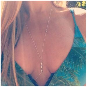 yheakne crystal slave chain body necklace silver bikini bra chain necklace long cz harness bra necklace summer beach body chain jewelry for women and girls (silver)