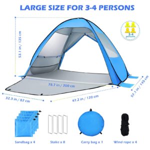 Beach Tent Pop up Shade: UPF 50+ Sun Shelter Canopy for 3-4 Person UV Protection Instant Windproof Tents Portable Umbrella Easy Set Up with Carry Bag for Outdoor Family Travel Lightweight