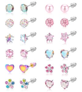 besteel 12 pairs hypoallergenic screw back earrings for girls women cz ball surgical stainless steel stud earrings set cute star flower screwback earrings mix age: over 3 years old