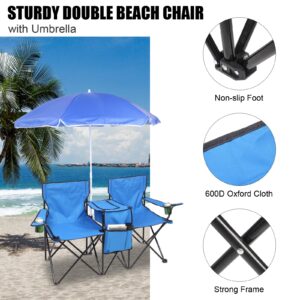 Outvita Folding Double Chair w/Umbrella Beverage Holder Carrying Bag Cooler Fold Up Table, Large Bearing Capacity for Beach Patio Pool Park Outdoor Blue