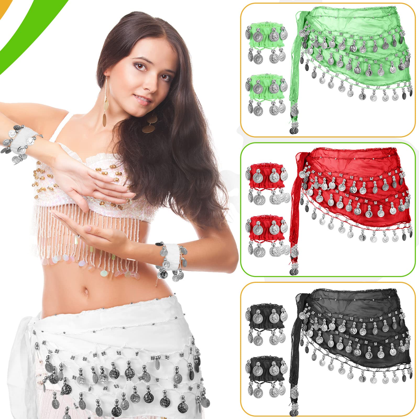 36 Pcs Belly Dance Hip Scarf Belly Dance Skirt Wrist Ankle Cuffs Bracelets 12 Colors with 98 Coins for Bellydance Dancer(Lovely Color)