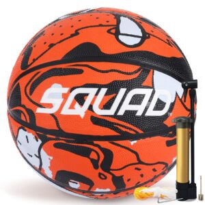 squad graffiti basketball size 7 (29.5"), durable rubber basketball ball for indoor & outdoor play, includes pump & mesh bag