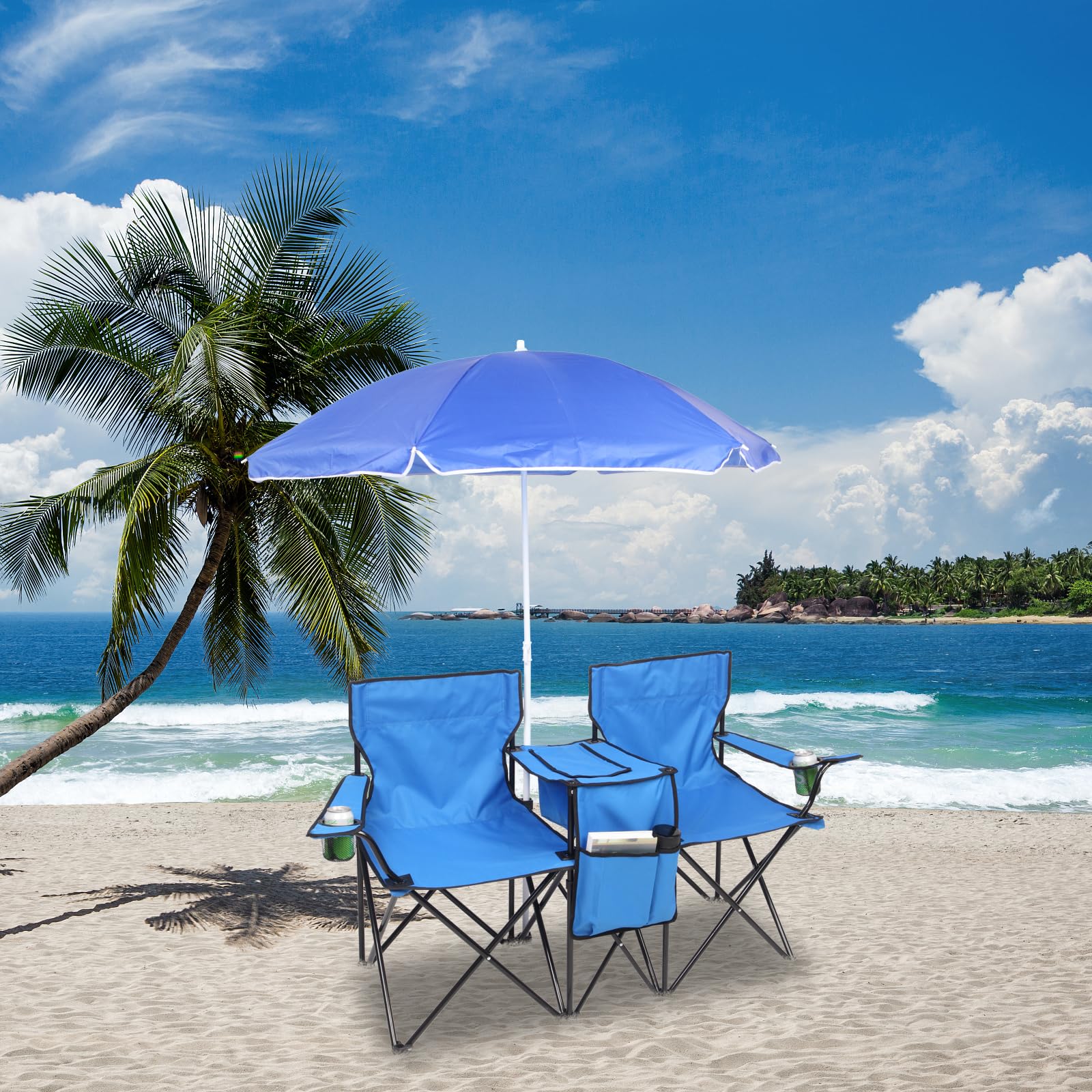 Outvita Folding Double Chair w/Umbrella Beverage Holder Carrying Bag Cooler Fold Up Table, Large Bearing Capacity for Beach Patio Pool Park Outdoor Blue