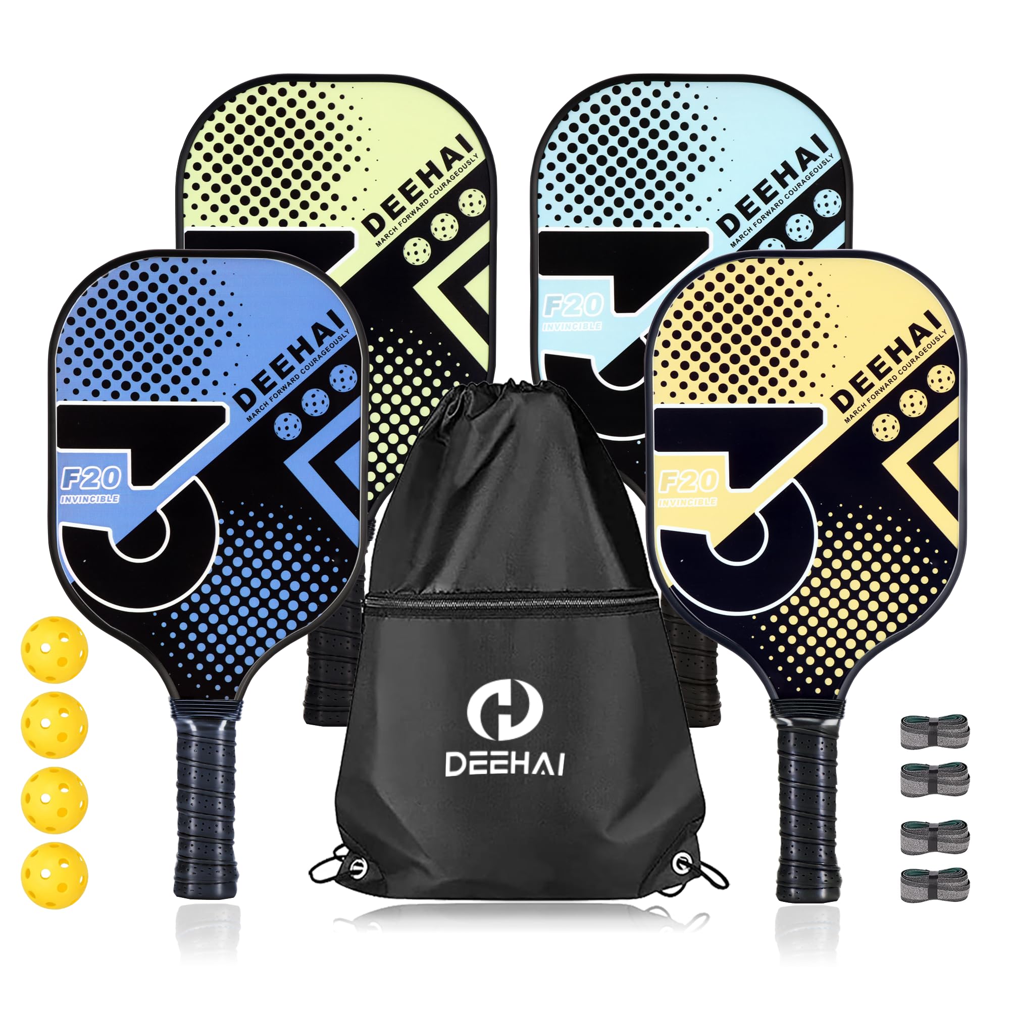 Quiet Pickleball Paddles Pickleball Set Pickleball Rackets, Quiet Pickleball Racquet Set of 4&2 with 1 Portable Pickleball Bag, 4 Pickleball Balls & 4 Grip Tapes