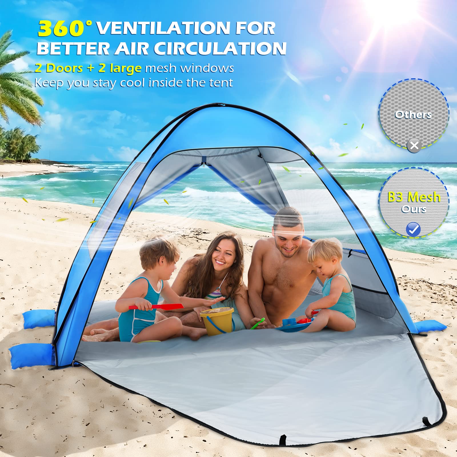 Beach Tent Pop up Shade: UPF 50+ Sun Shelter Canopy for 3-4 Person UV Protection Instant Windproof Tents Portable Umbrella Easy Set Up with Carry Bag for Outdoor Family Travel Lightweight