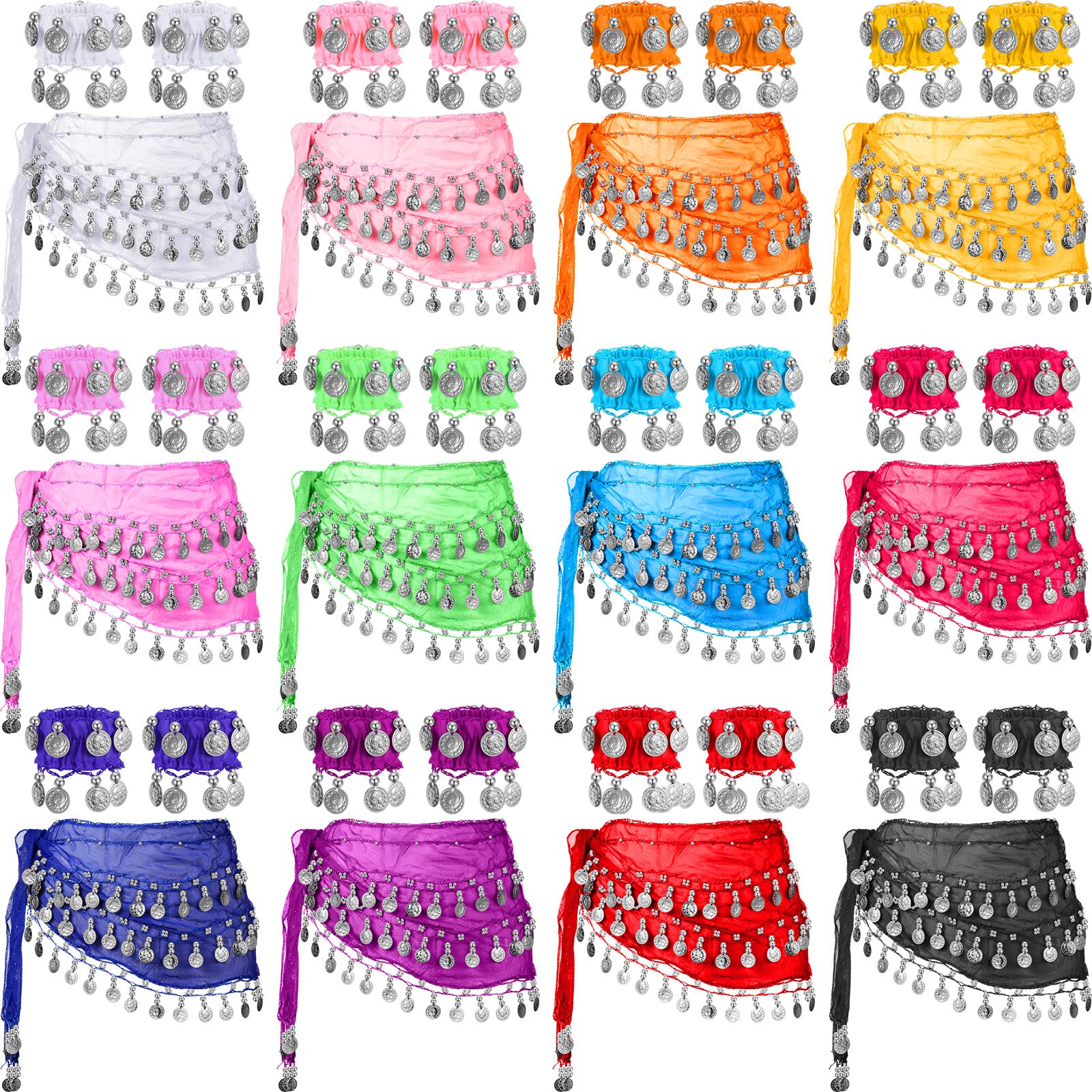 36 Pcs Belly Dance Hip Scarf Belly Dance Skirt Wrist Ankle Cuffs Bracelets 12 Colors with 98 Coins for Bellydance Dancer(Lovely Color)