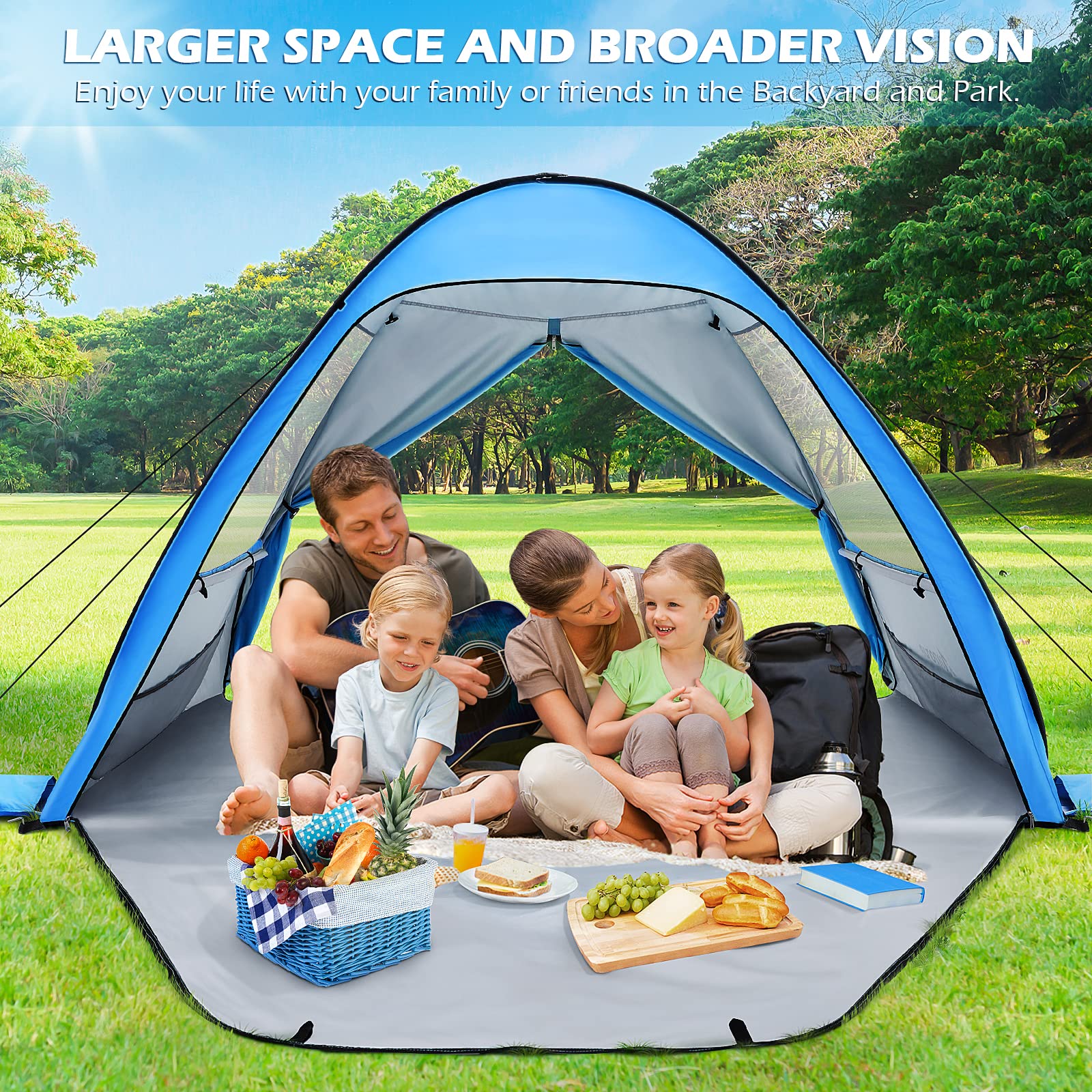 Beach Tent Pop up Shade: UPF 50+ Sun Shelter Canopy for 3-4 Person UV Protection Instant Windproof Tents Portable Umbrella Easy Set Up with Carry Bag for Outdoor Family Travel Lightweight