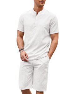 coofandy men's 2 pieces linen set casual henley shirts short sleeve beach yoga shorts summer pants outfits