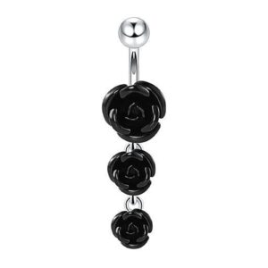 lenacou double rose belly button rings 14g surgical stainless steel dangle cute navel barbell stud cubic zirconia body piercing (black)