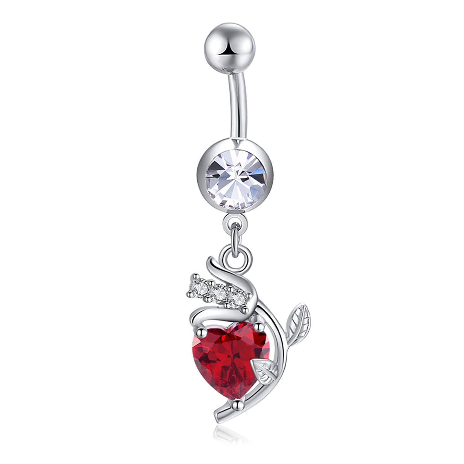 Lenacou Heart Rose Belly Button Rings 14G Surgical Stainless Steel Dangle Navel Barbell Stud Flower Cubic Zirconia Body Piercing