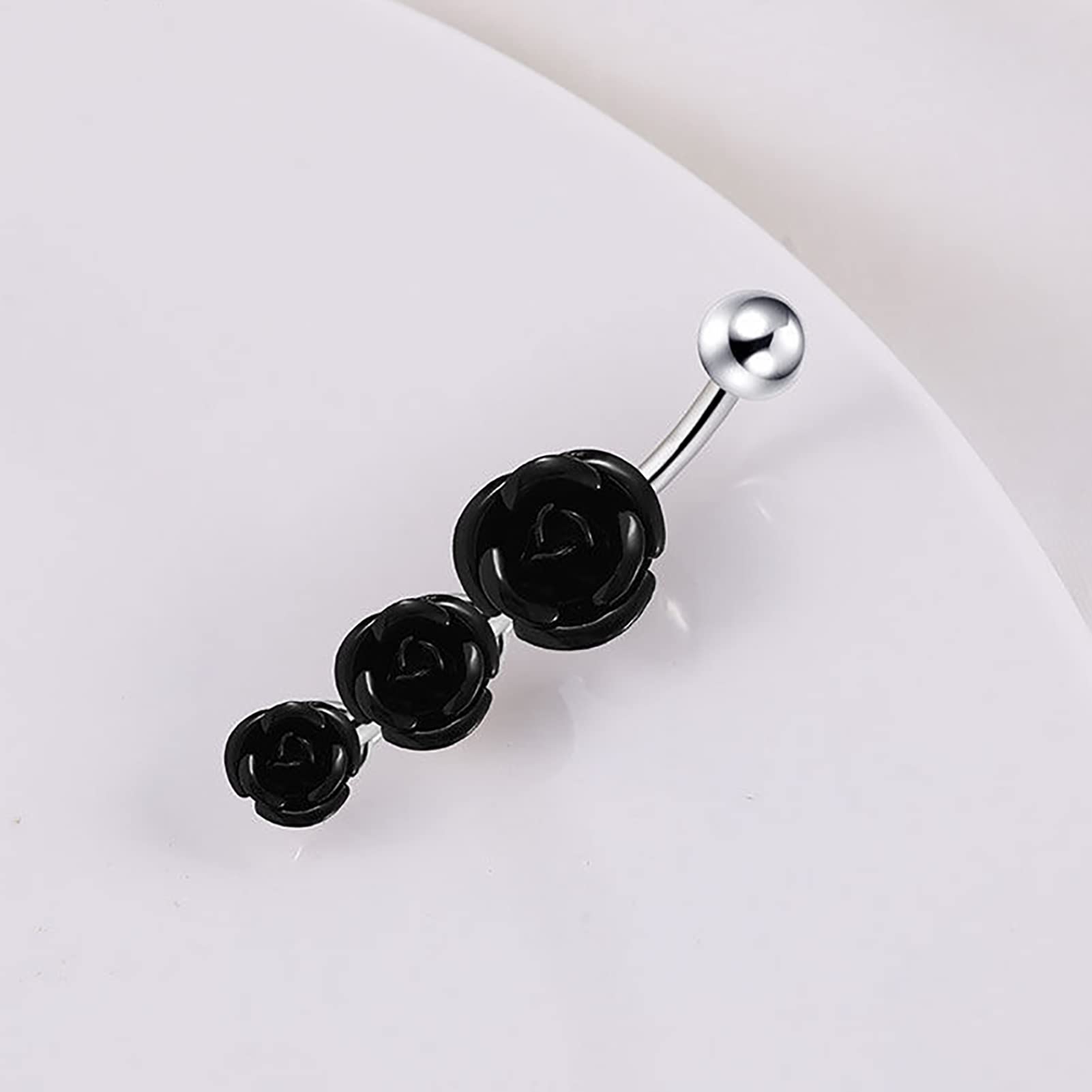 Lenacou Double Rose Belly Button Rings 14G Surgical Stainless Steel Dangle Cute Navel Barbell Stud Cubic Zirconia Body Piercing (Black)