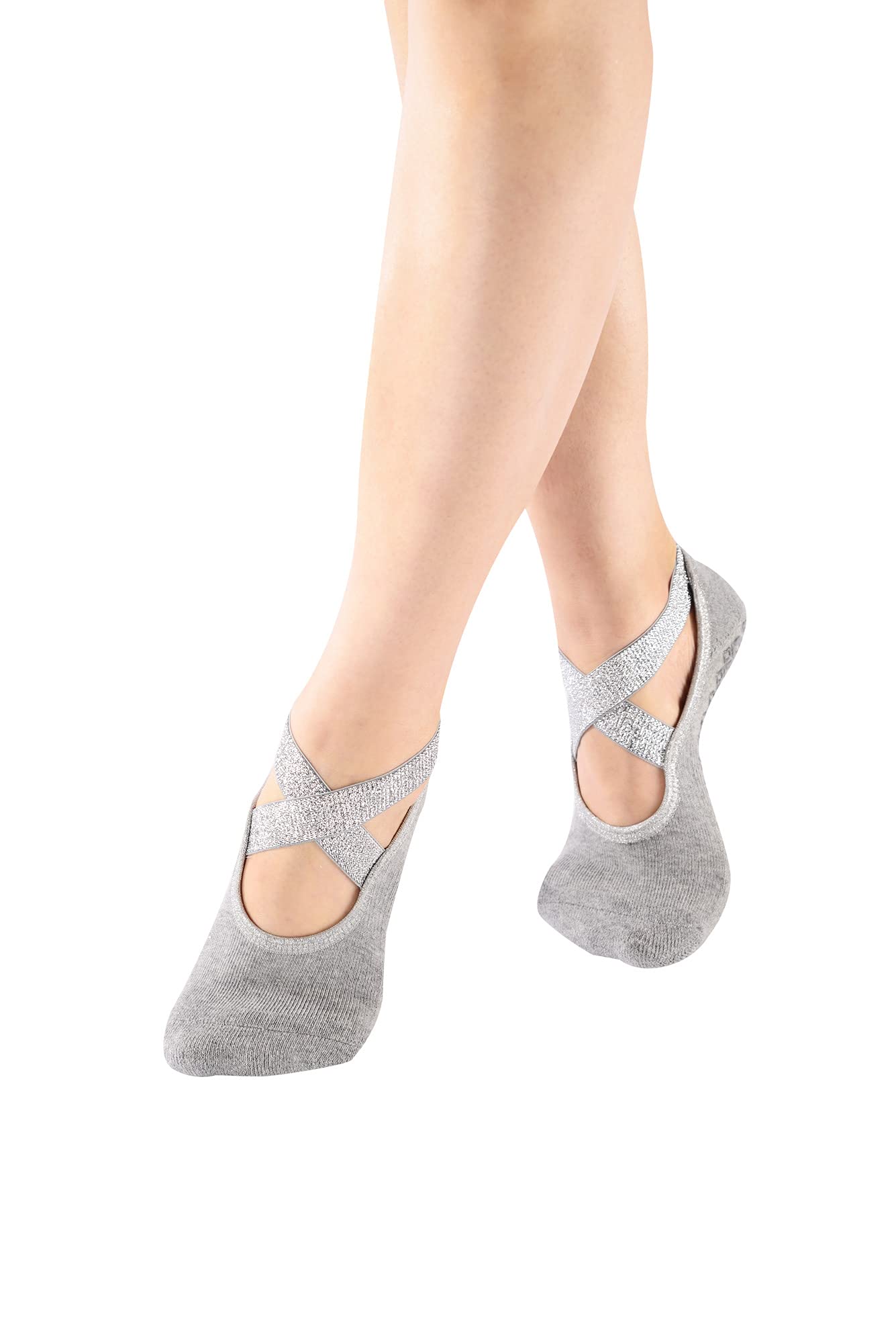 Teebulen Women's and Girl's 2 Pairs Grey with Silver Glitter Padded Anti Skid Non Slip Yoga Socks with Grips for Barre Pilate Ballet,Size 4-8