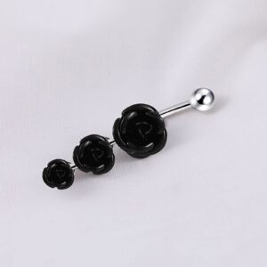 Lenacou Double Rose Belly Button Rings 14G Surgical Stainless Steel Dangle Cute Navel Barbell Stud Cubic Zirconia Body Piercing (Black)